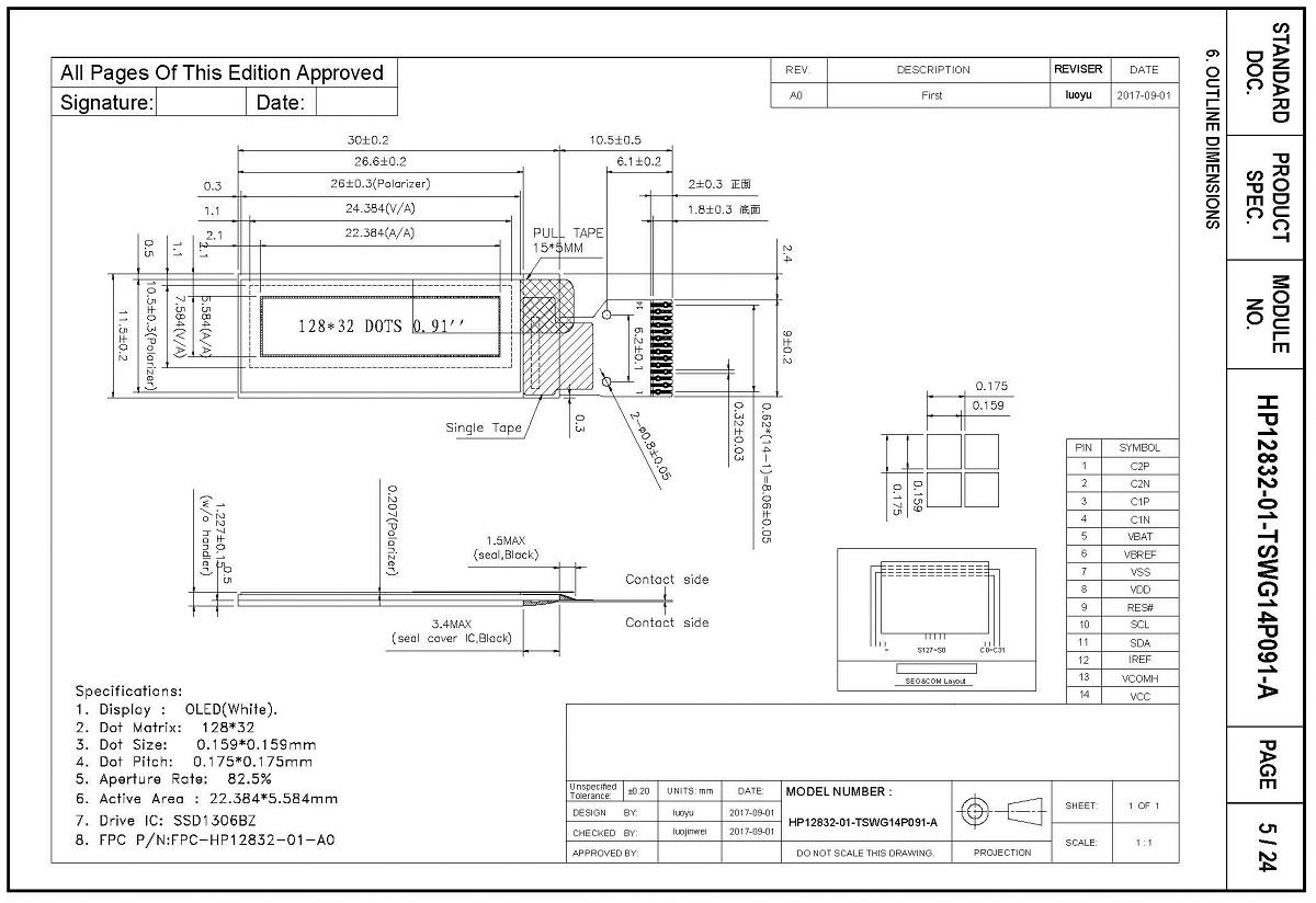 0.91 inch 128x32 Dots White OLED Display 0.91 inch 128x32 Dots White OLED Display